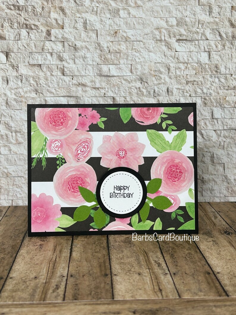 Rose Birthday Card, Handmade Card for Her, Black and White Stripes With ...