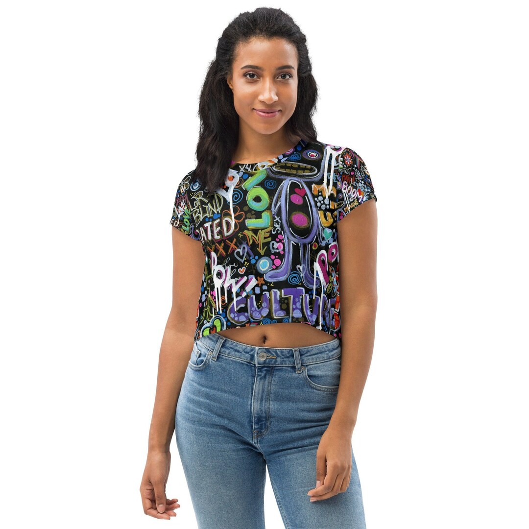Women's Crop Top, XS-3XL, Multi-colored Graffiti Print, Short Sleeve ...