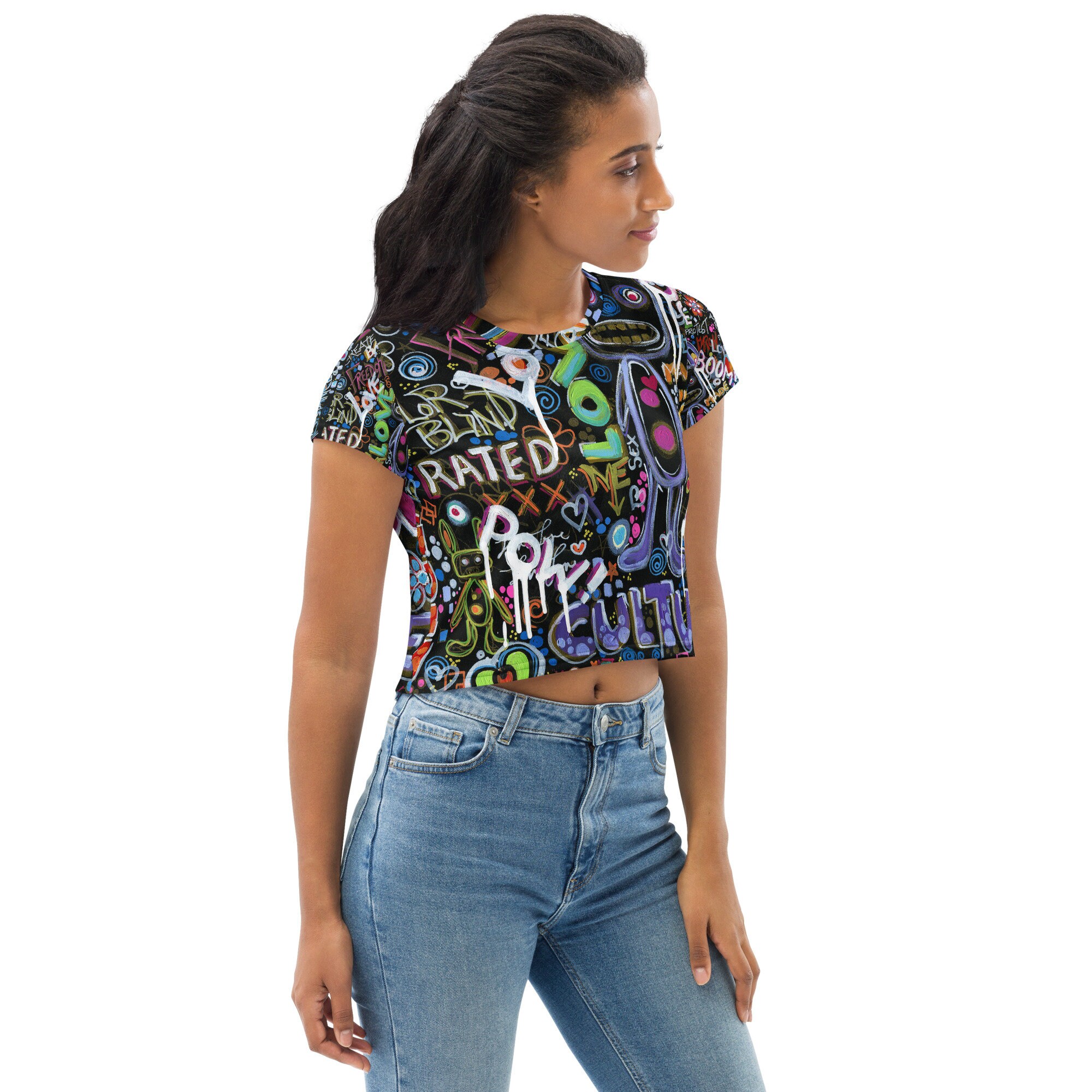 Women's Crop Top, XS-3XL, Multi-colored Graffiti Print, Short Sleeve ...