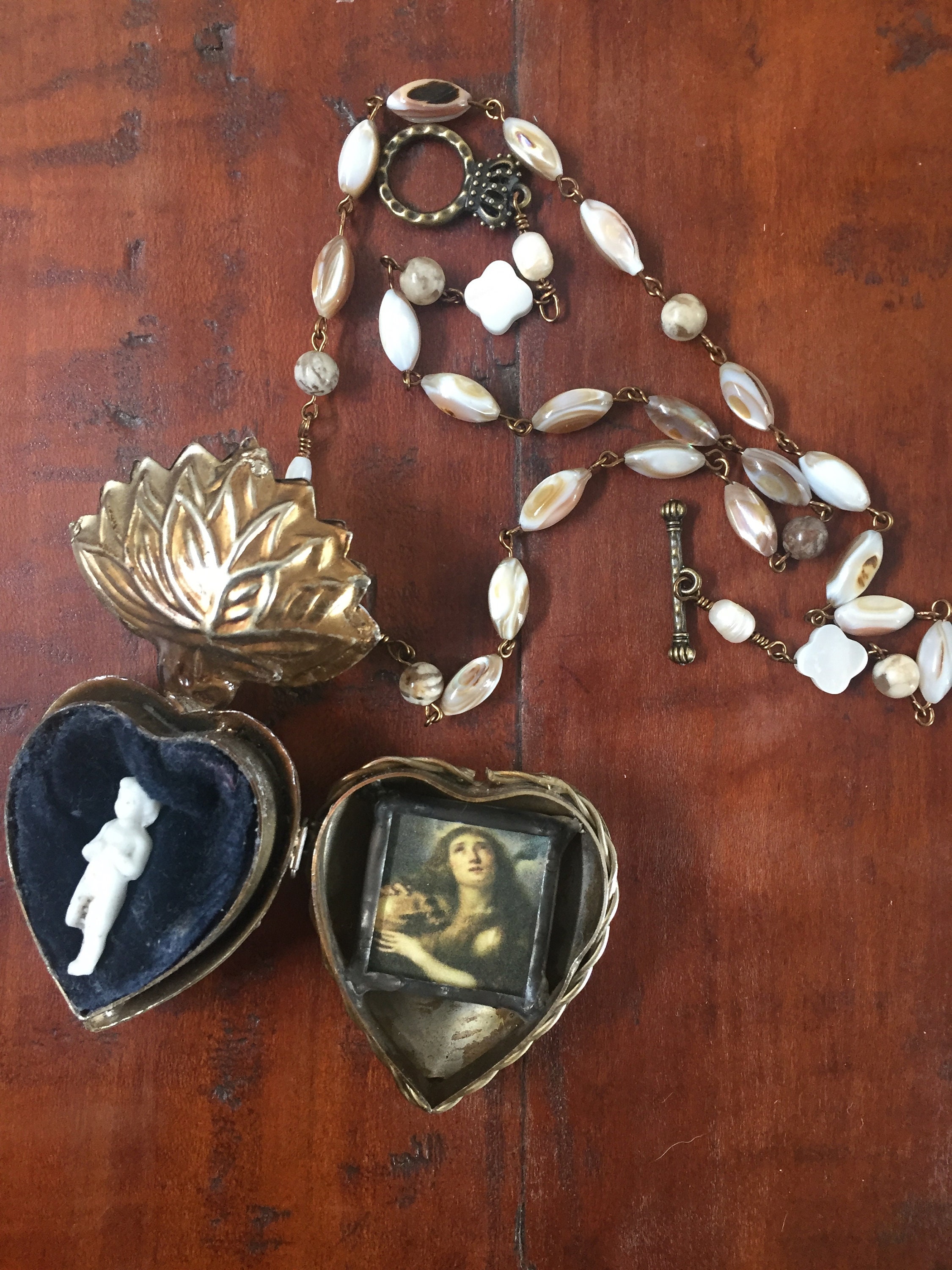 Rosary Ex-voto Sacred Heart Locket Rosary Mary Magdalene Shell Necklace ...
