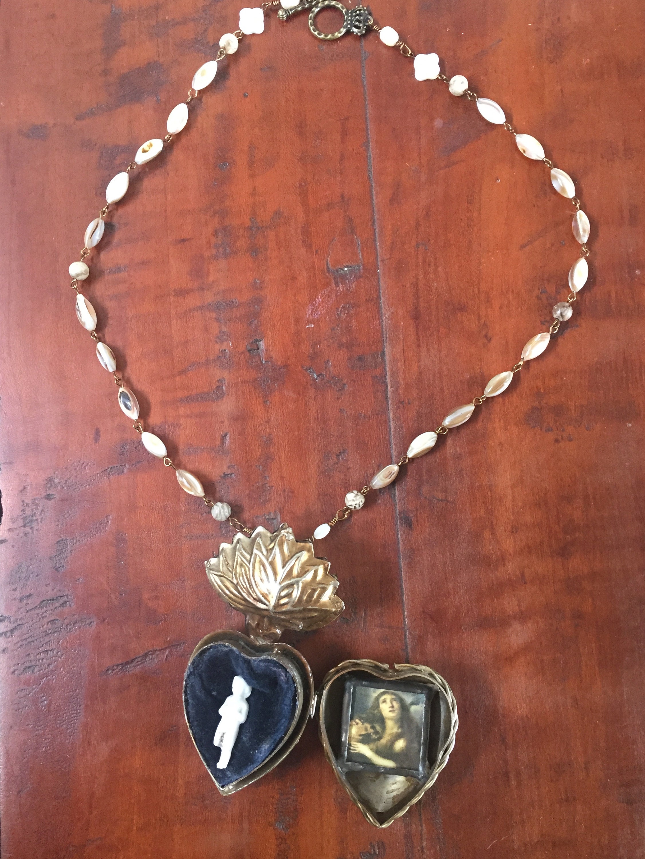 Rosary Ex-voto Sacred Heart Locket Rosary Mary Magdalene Shell Necklace ...