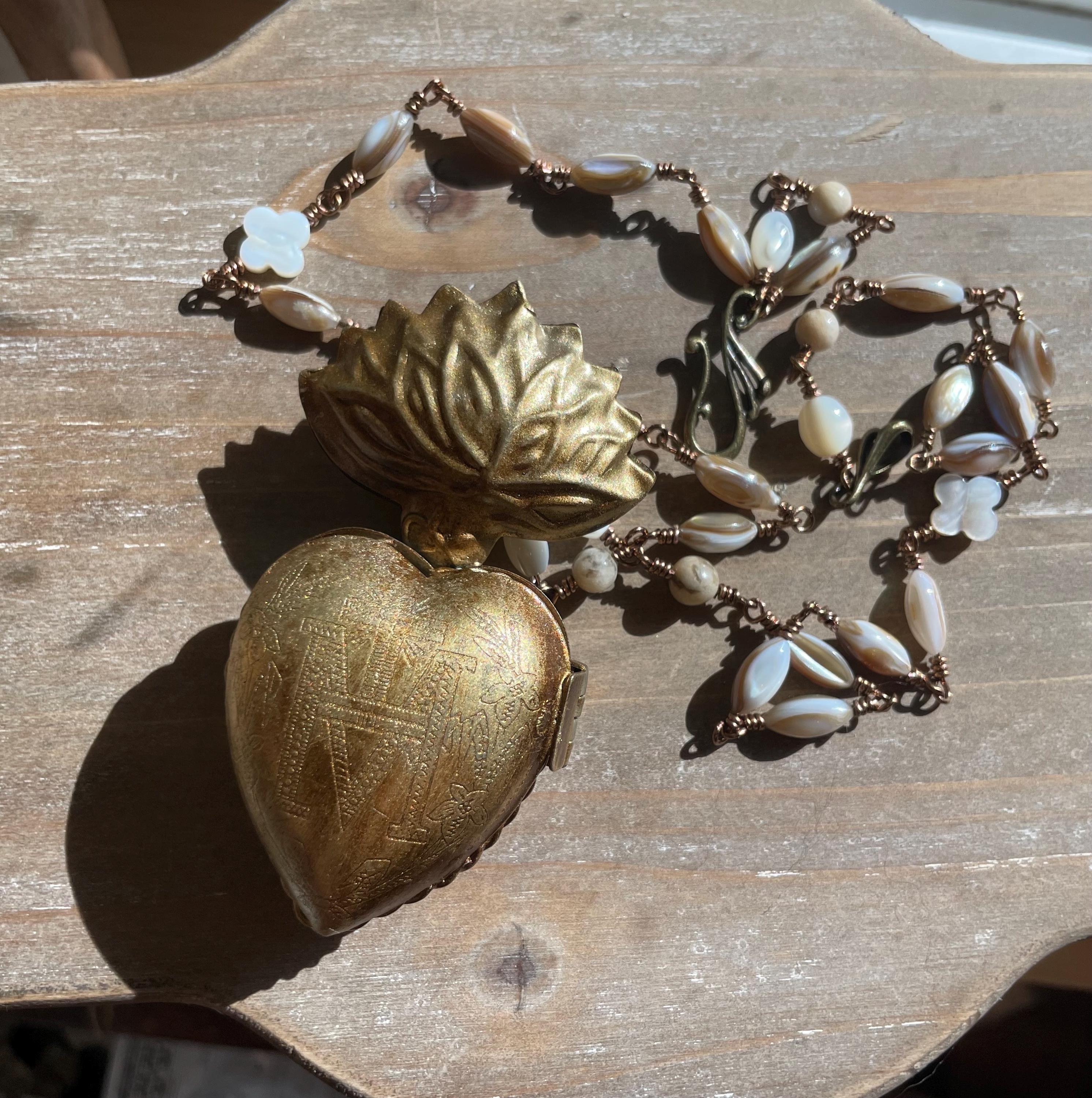 Rosary Ex-voto Sacred Heart Locket Rosary Mary Magdalene Shell Necklace ...