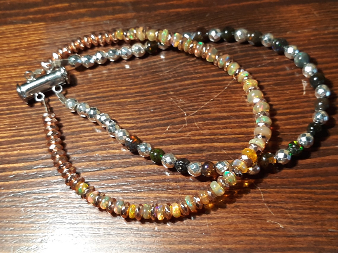 Double Bracelet of Opals and Hematite, Magnetic Catch, 8" - Etsy