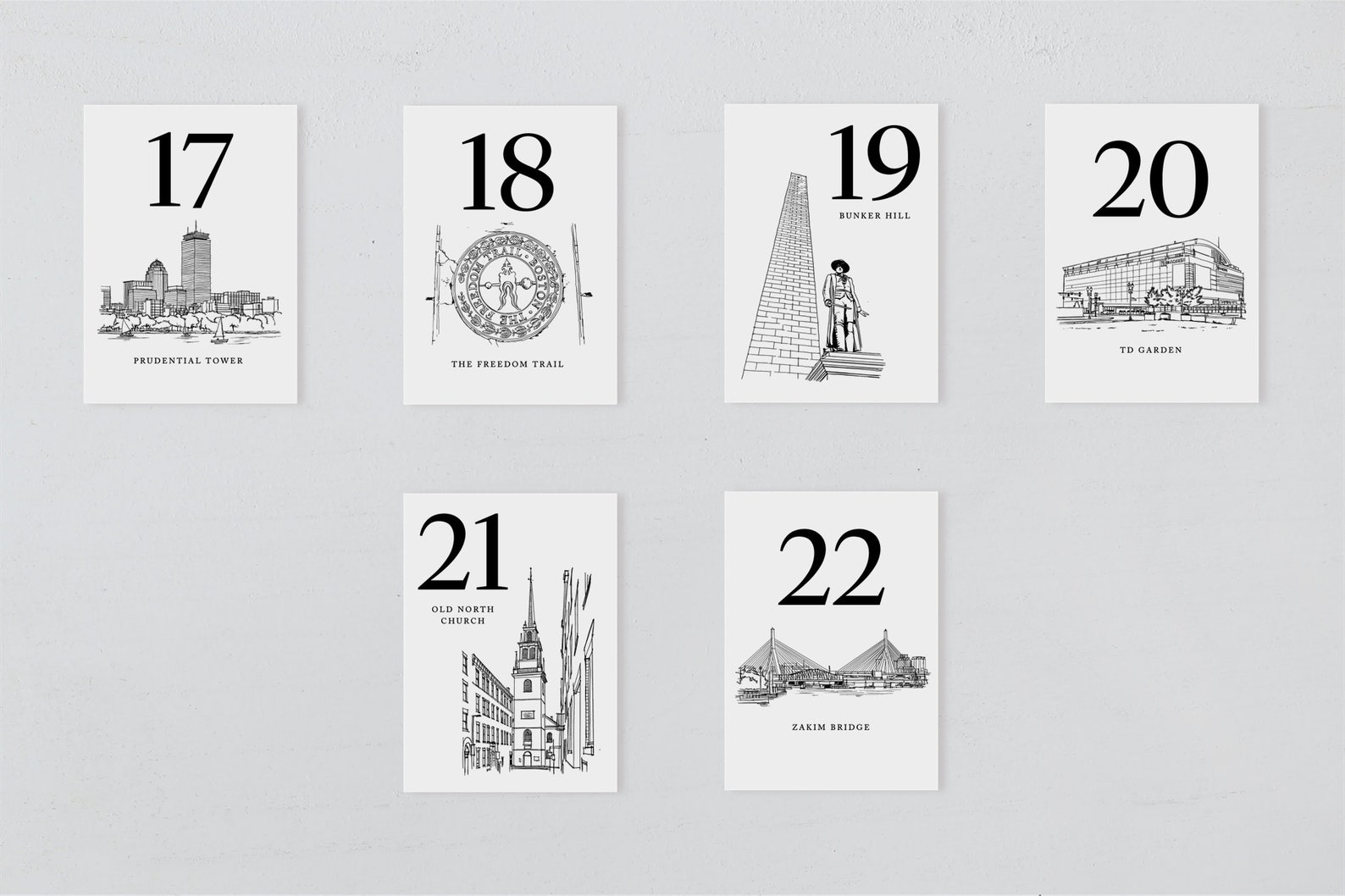 Boston Landmark Table Number Cards | Boston Icon Illustration Drawings ...