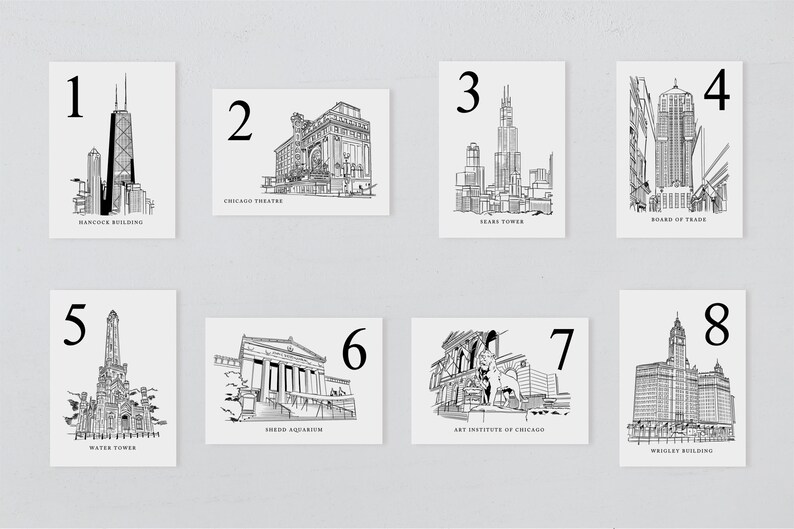 Chicago Landmark Table Number Cards Chicago Icon | Etsy