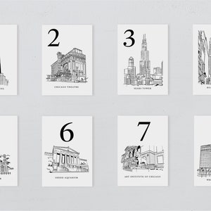 Chicago Landmark Table Number Cards | Chicago Icon Illustration ...