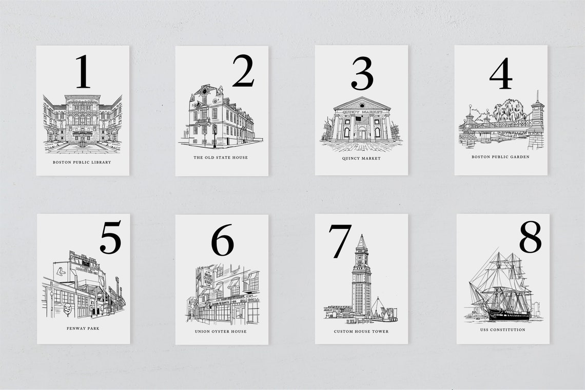 Boston Landmark Table Number Cards | Boston Icon Illustration Drawings ...