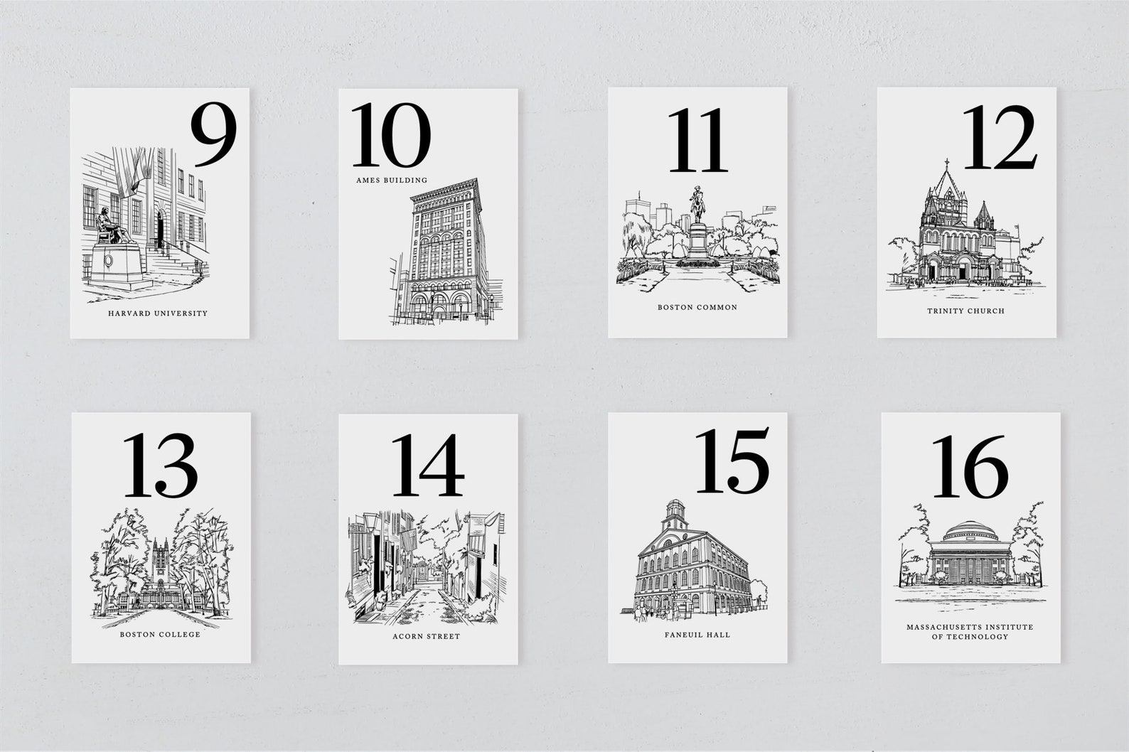 Boston Landmark Table Number Cards | Boston Icon Illustration Drawings ...