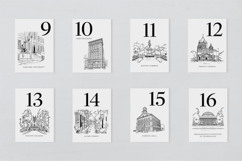 Boston Landmark Table Number Cards | Boston Icon Illustration Drawings ...