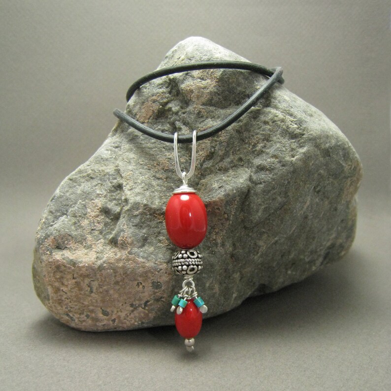 Red Pendant Necklace / Sterling Silver Red Beaded Pendant / Silver ...