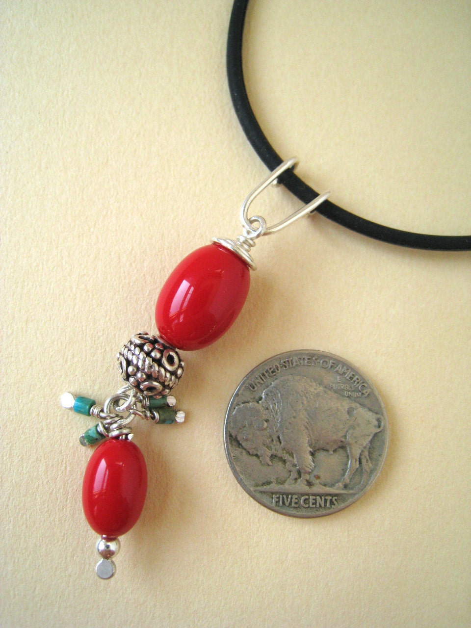 Red Pendant Necklace / Sterling Silver Red Beaded Pendant / - Etsy