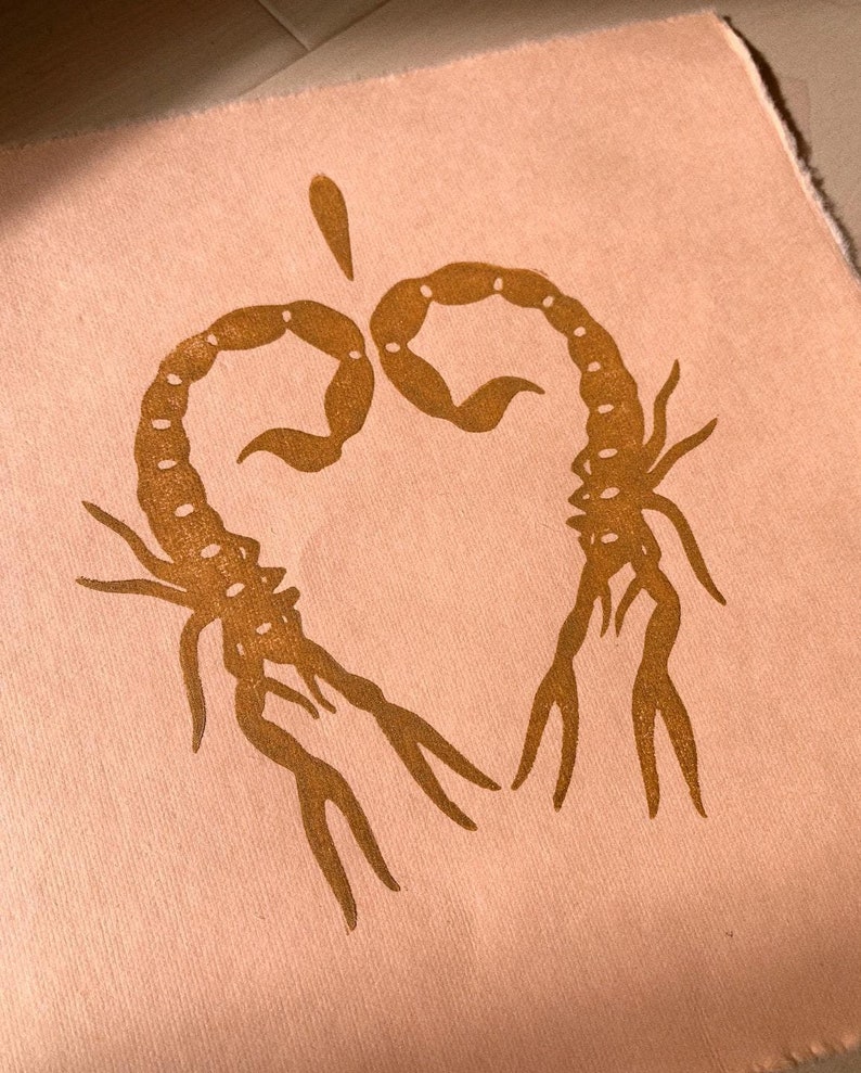 Scorpion Heart 8" X 8" Block Print, Linocut Art Print, Handmade Peach ...