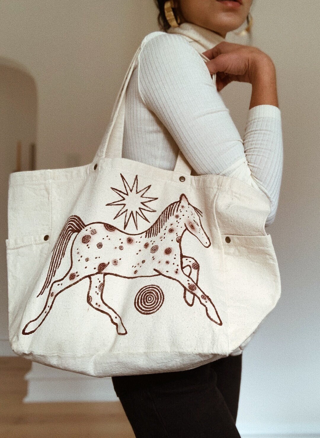 Caballo Hand Painted Natural Canvas Shoulder Tote. Speckled Horse, One ...