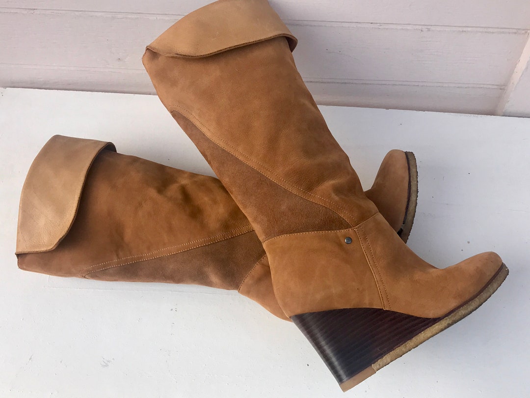 UGG High Boots Tan Suede Leather Over Knee / Knee High Boots Wedge Heel ...