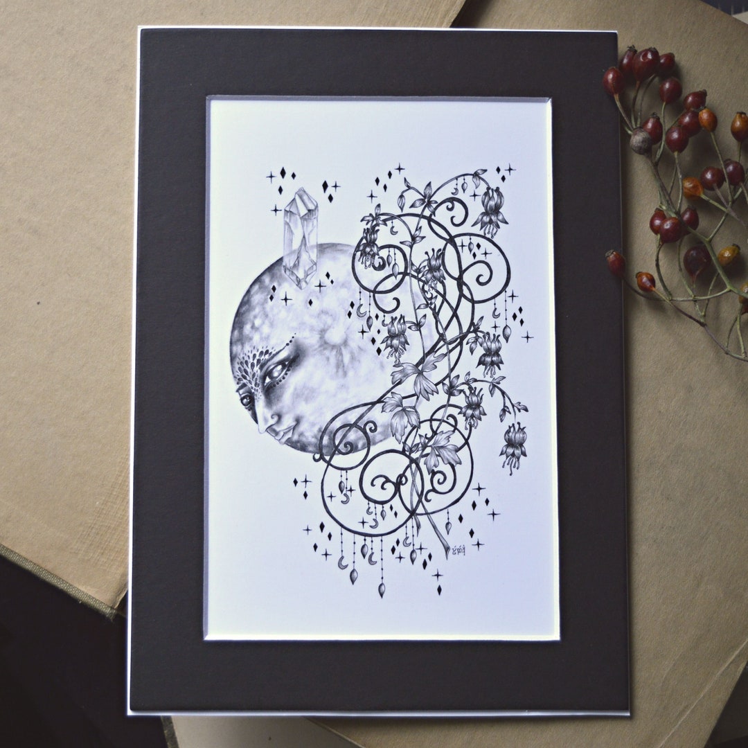 Flower Moon Art Print , 5x7 May Full Moon Ink and Graphite Drawing From ...
