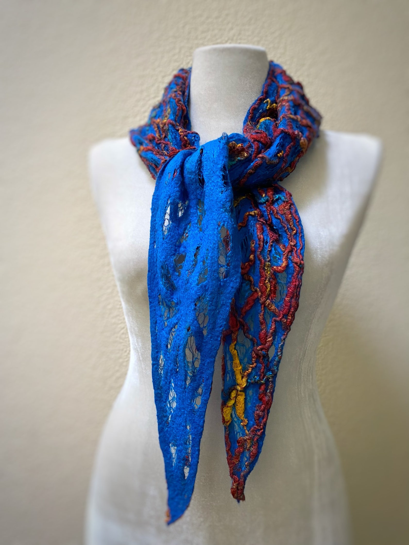 Wool Scarf Blue Scarf Kerchief Triangle Bright Blue Lattice Net Felting ...