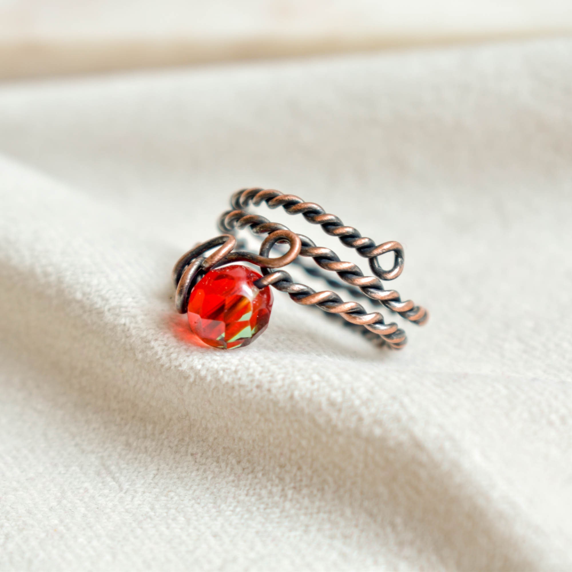 Red Crystal Ring, Adjustable Size, Glass and Copper Wire Wrapped Ring ...