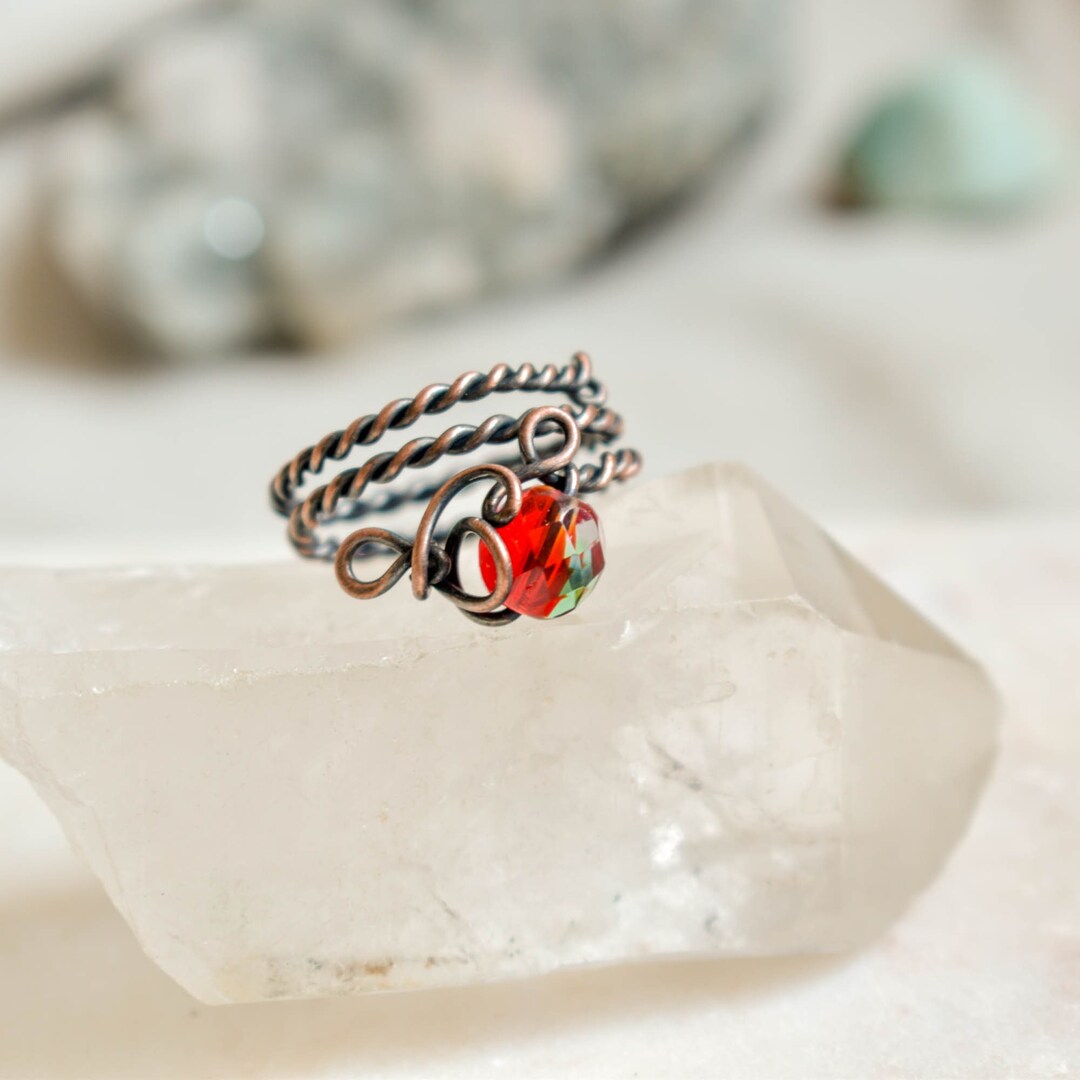 Red Crystal Ring, Adjustable Size, Glass and Copper Wire Wrapped Ring ...