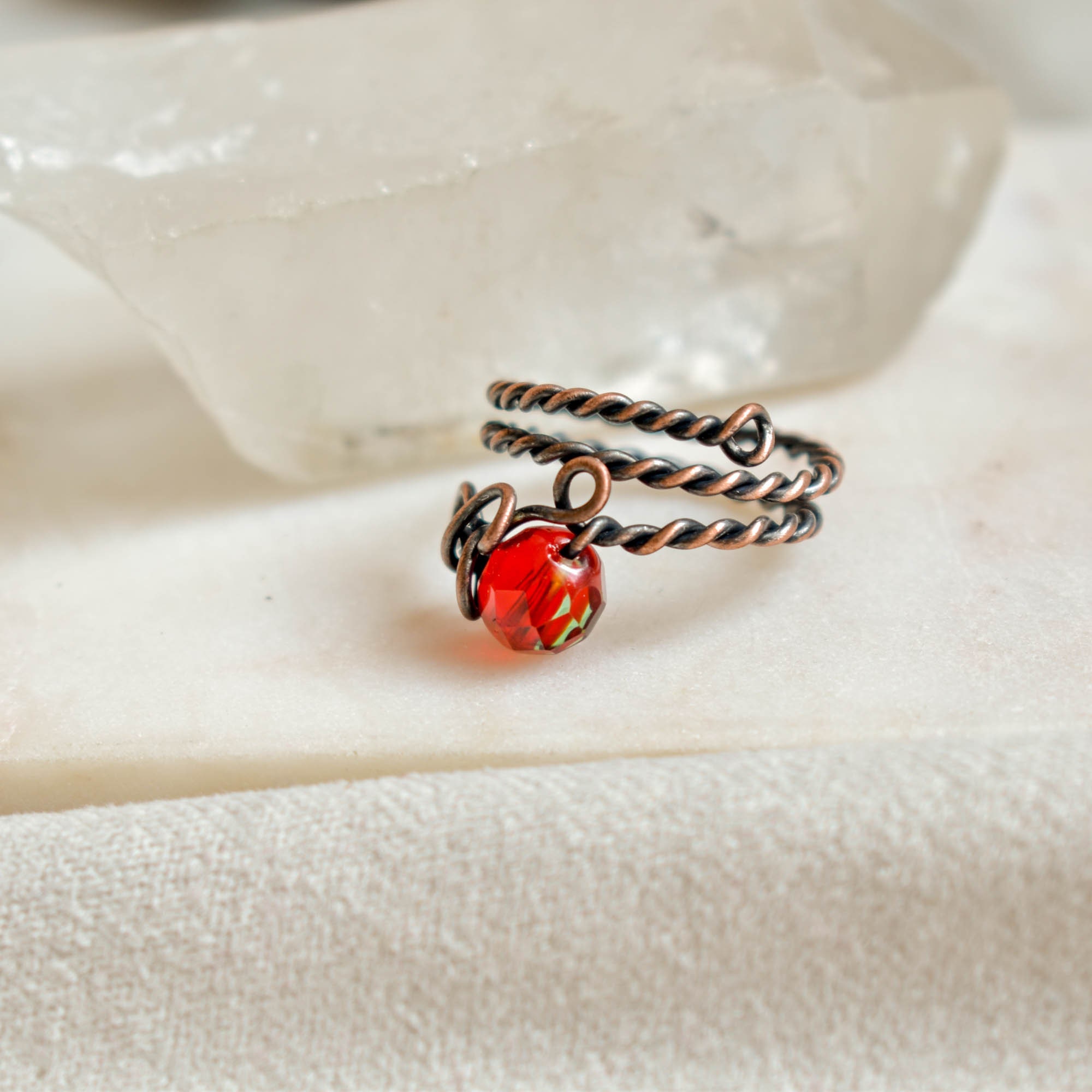 Red Crystal Ring, Adjustable Size, Glass and Copper Wire Wrapped Ring ...