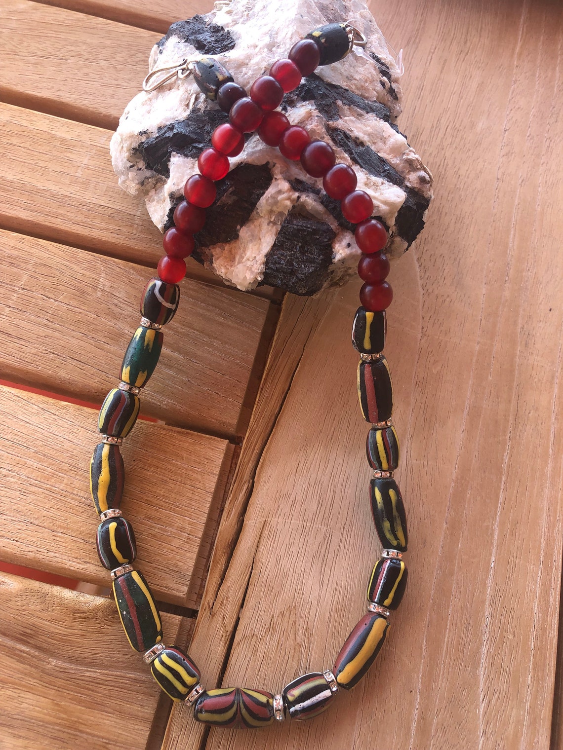 African Trade Beaded With Ruby Horn Beads, Sterling Hook - Etsy