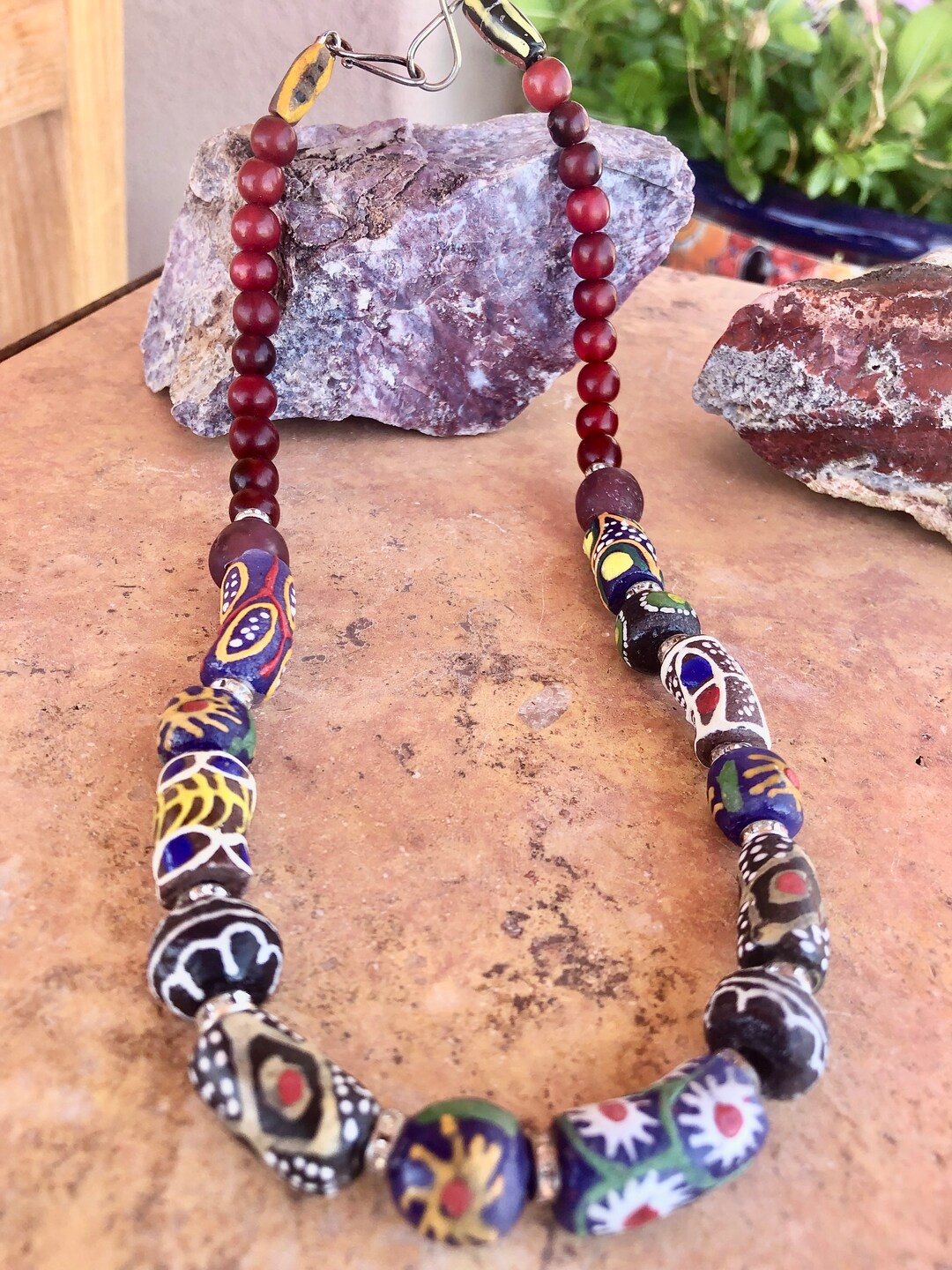 African Trade Beaded With Ruby Horn Beads, Sterling Hook - Etsy