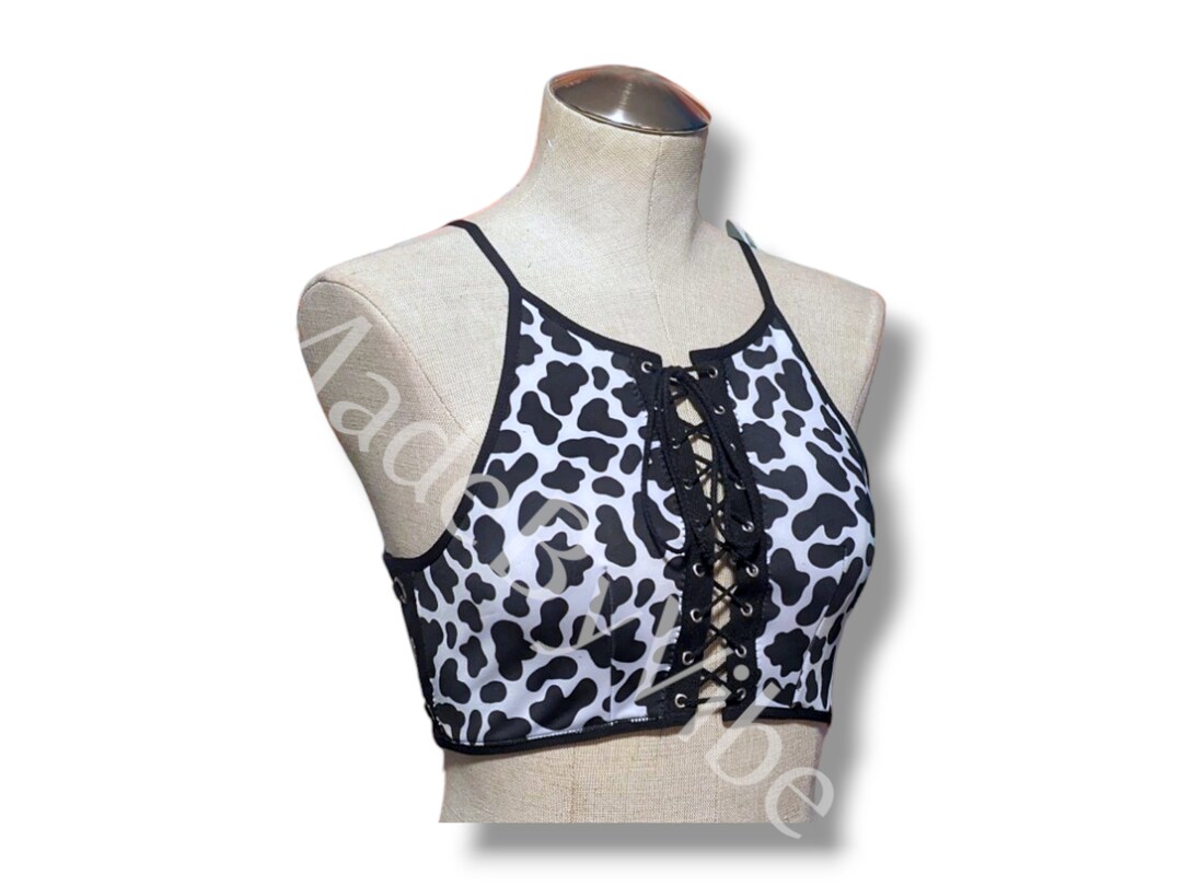 Cow Print Lace up Backless Crop Top Rave Dance Festival Exotic Bra Plus ...