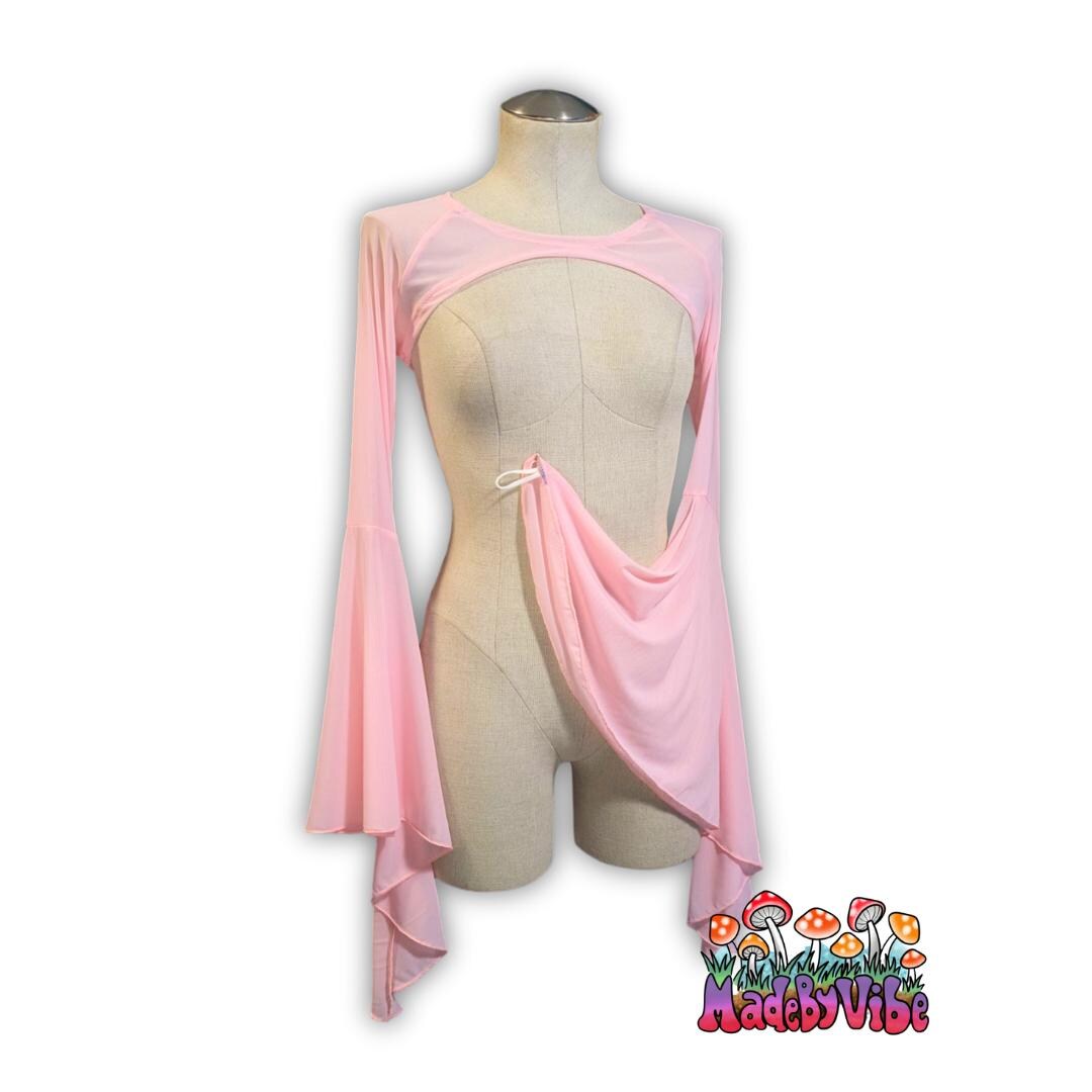Light Pink Mesh Rave Shrug With Dramatic Bell Flare Sleeves | Ready to ...
