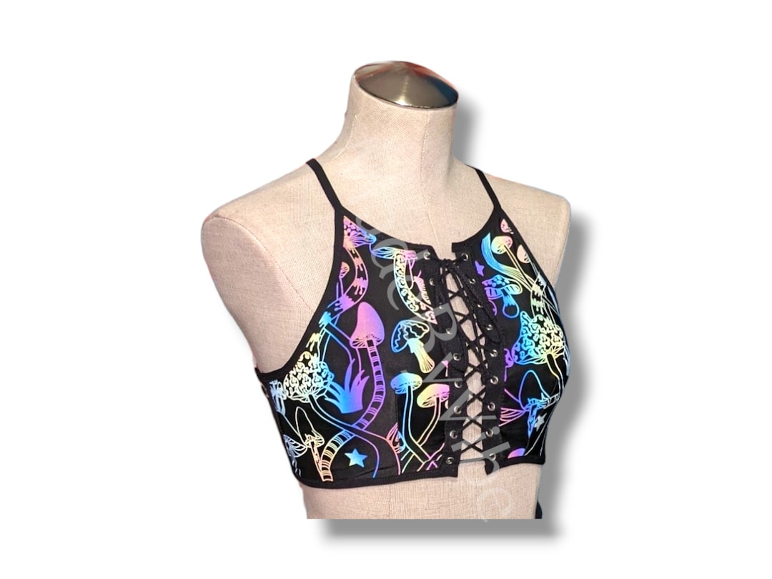 Reflective Mushroom Lace up Halter Crop Top | Rave Dance Festival ...