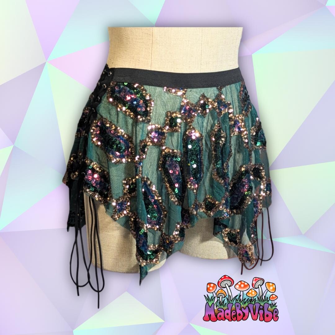 Emerald Nightfall Sequin Side Lace Pixie Skirt - Ready to Ship - Fairy ...