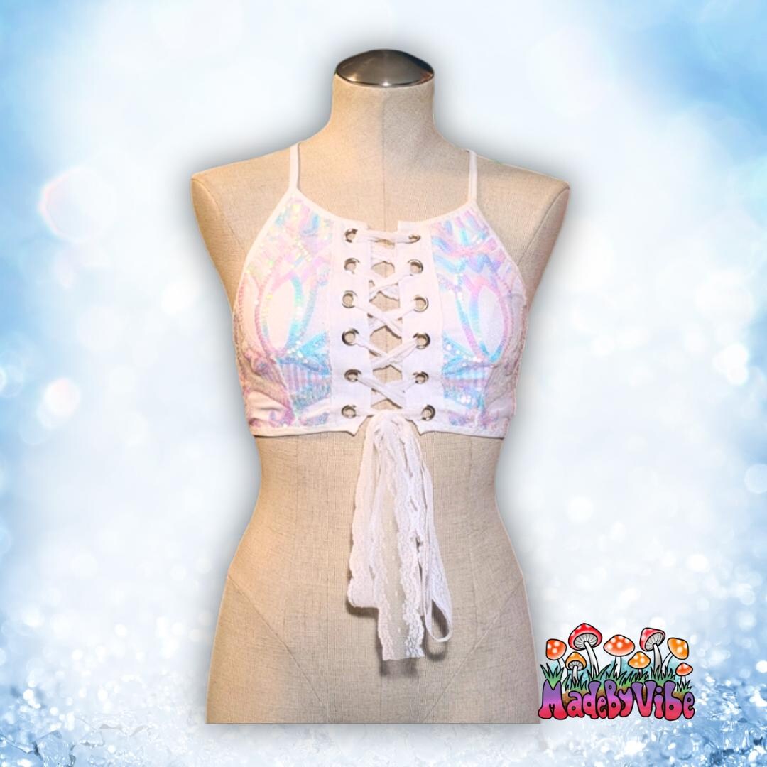 Icy Prism Sequin Lace up Open Back Crop Top | Made to Order | Fully ...