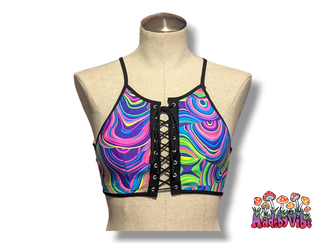 UV Glow Worm Blacklight Glow Lace up Backless Crop Top Rave Dance ...