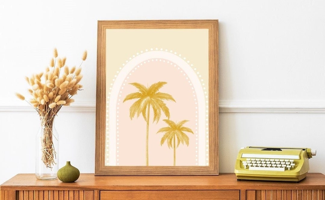 Boho Palm Art Printable in Pink, Yellow & Mustard With Arch. Digital ...
