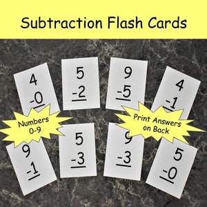 Subtraction Flash Cards Numbers 0-9 - Printable Math Facts - Single ...