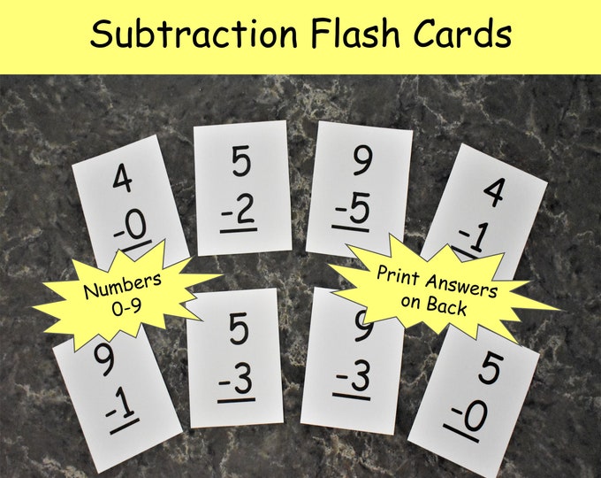 Subtraction Flash Cards Numbers 0-9 Printable Math Facts Single Digit ...