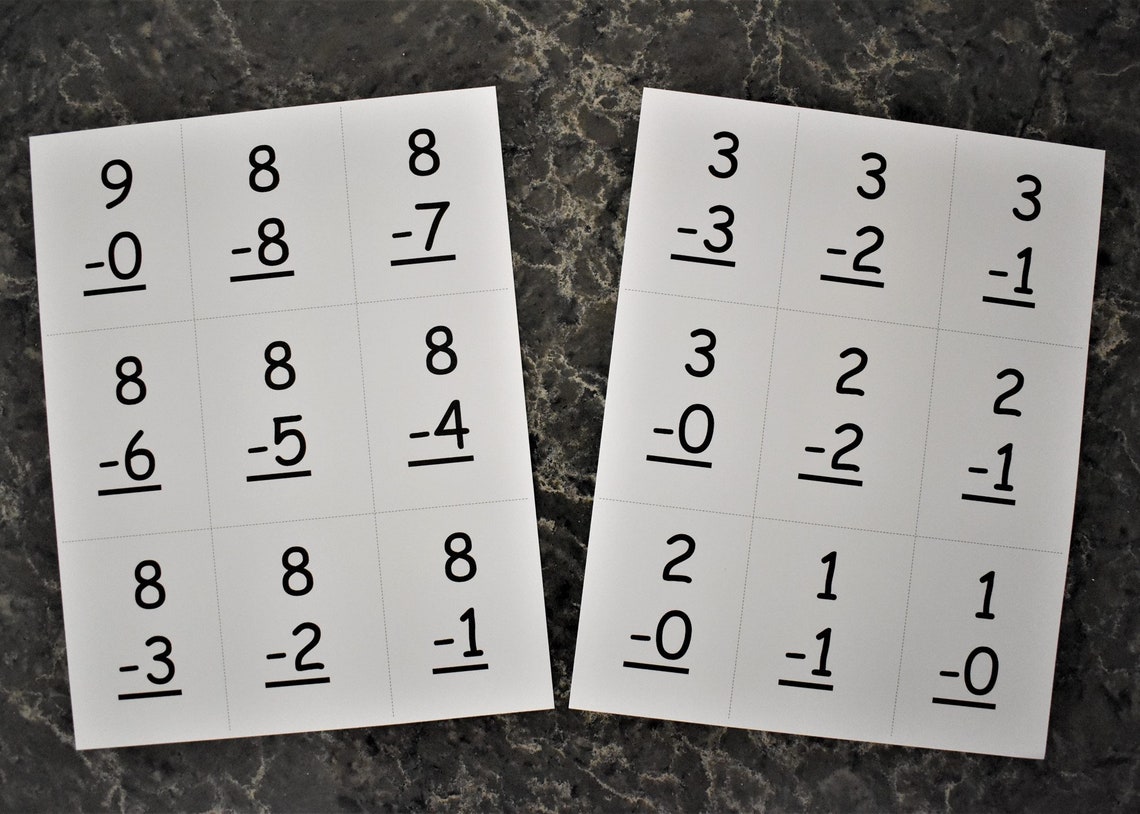 Subtraction Flash Cards Numbers 0-9 Printable Math Facts | Etsy