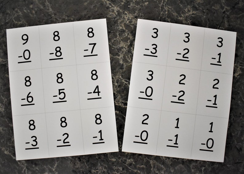 Subtraction Flash Cards Numbers 0-9 Printable Math Facts | Etsy
