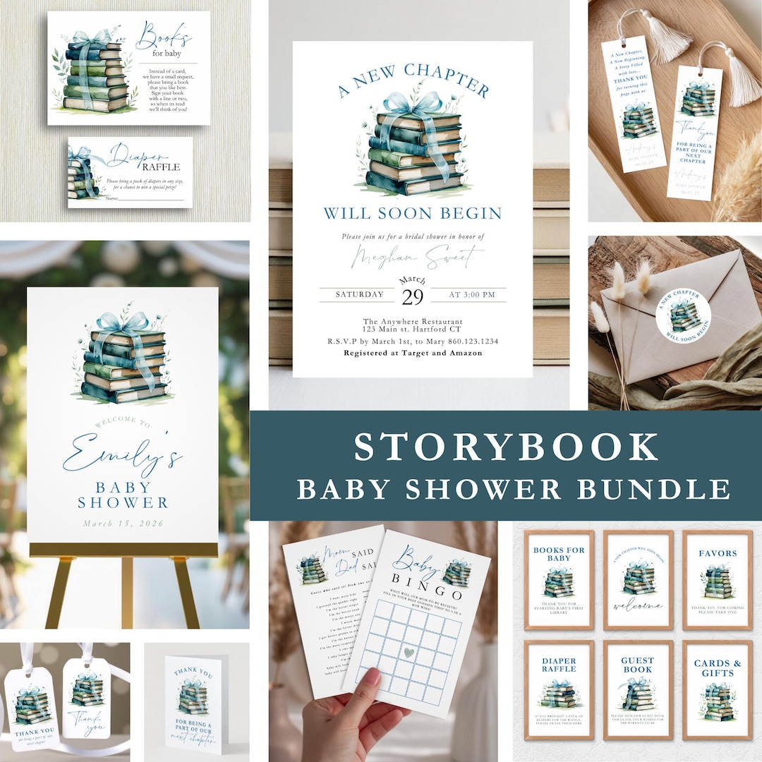 A New Chapter Begins Green and Navy Blue Storybook Baby Shower Bundle ...