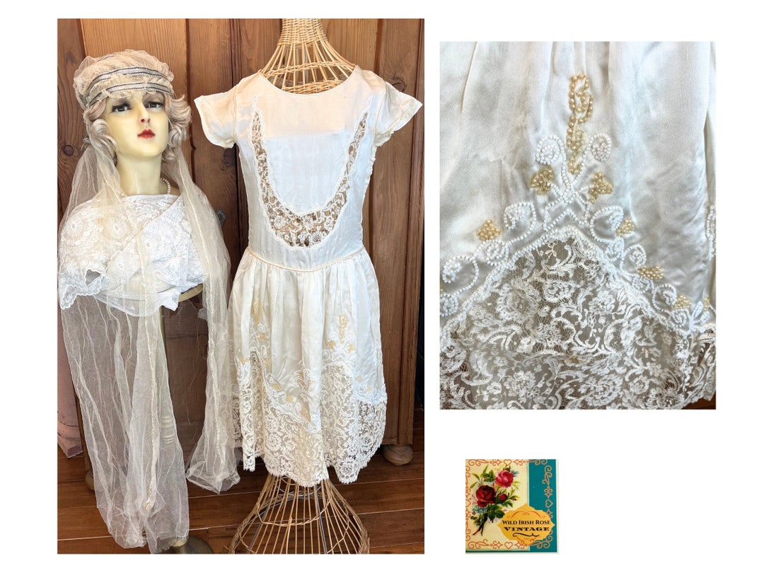 1920s Flapper Wedding Dress With Veil Satin Bridal Dress 1927 - Etsy