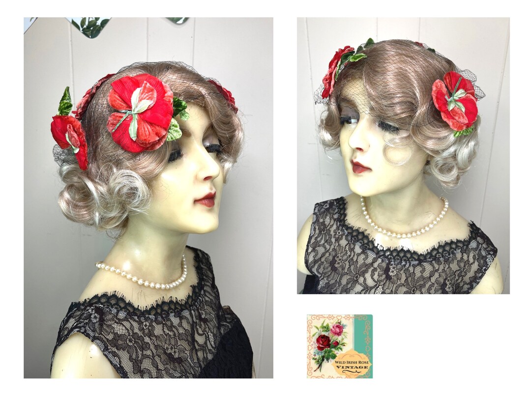 Vintage Floral Veil Vintage Poppy Fascinator 1950's Flowered Headpiece ...