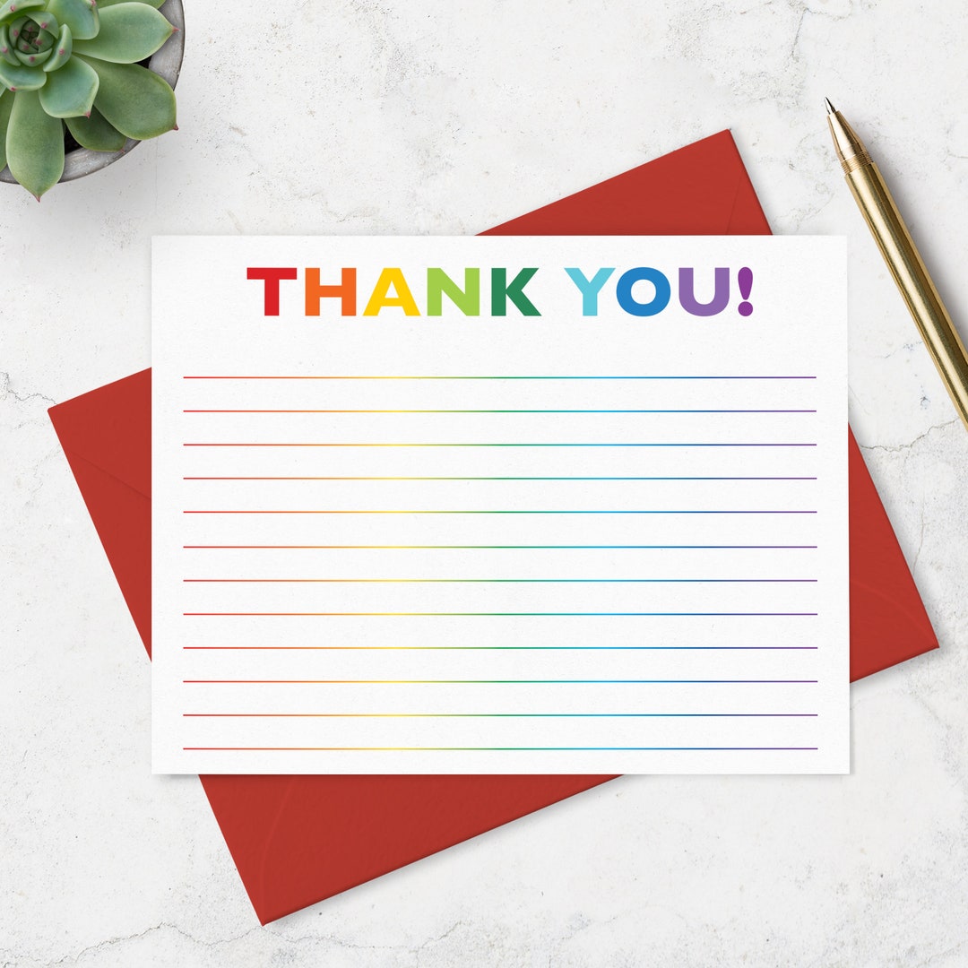 Rainbow Lined Thank You Note & Envelope Stationary Set, Children's ...