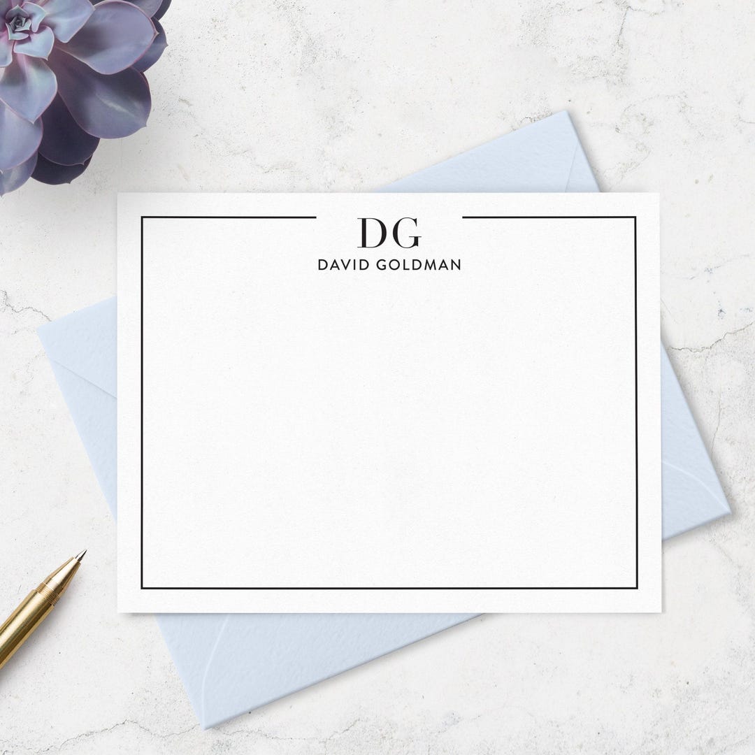 Mens Note Cards With Border, Monogram and Name, Monogrammed ...