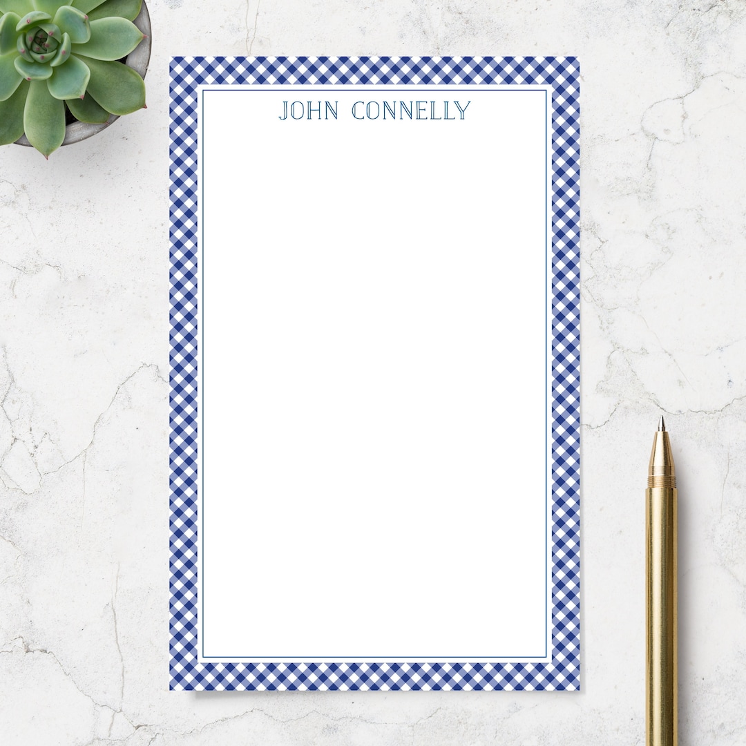 Personalized Notepad With Navy Blue Gingham Border - 50 or 100 Pages ...
