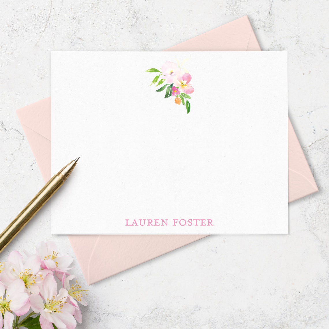 Personalized Note Cards With Name and Watercolor Flower - Etsy