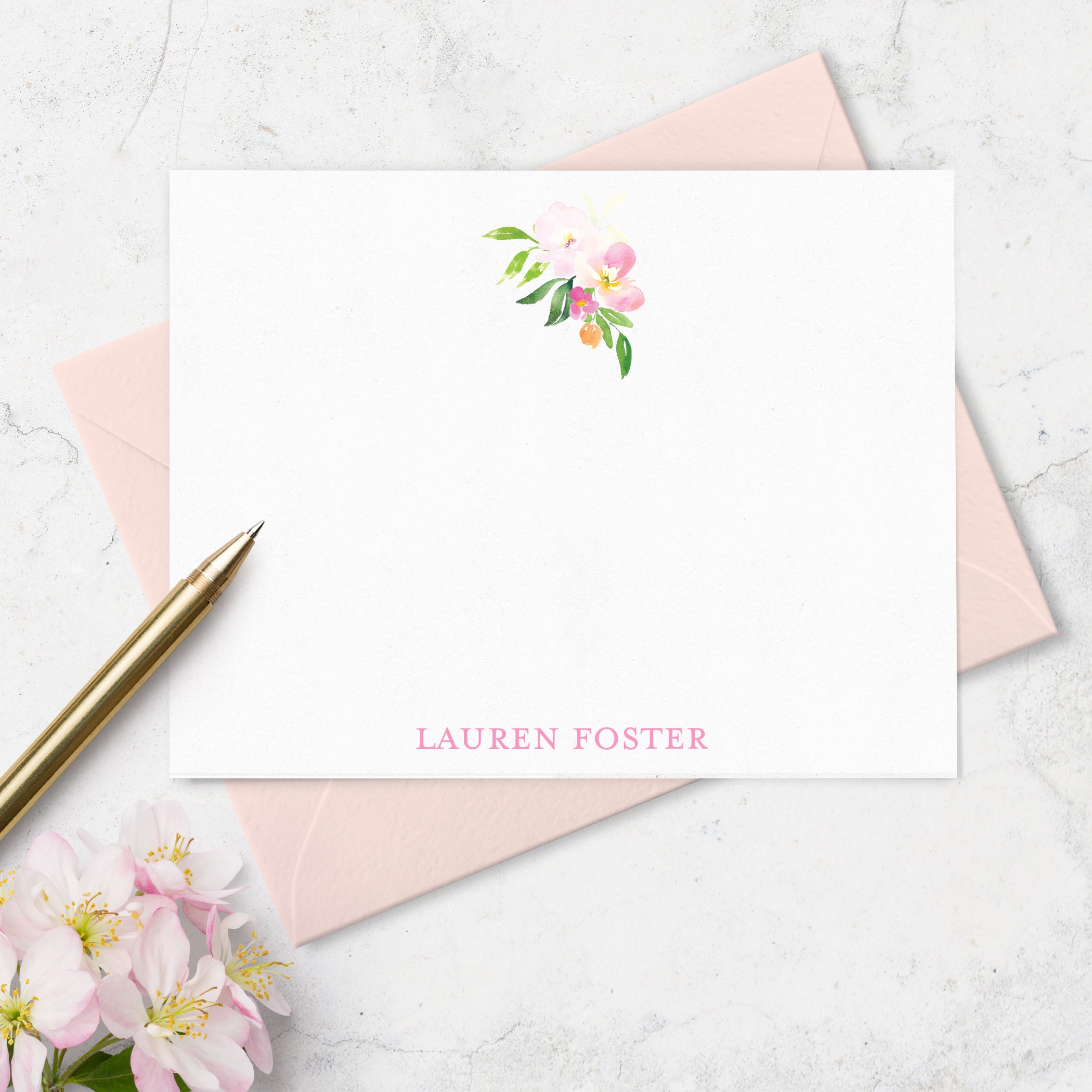 Personalized Note Cards with Name and Watercolor Flower | Etsy