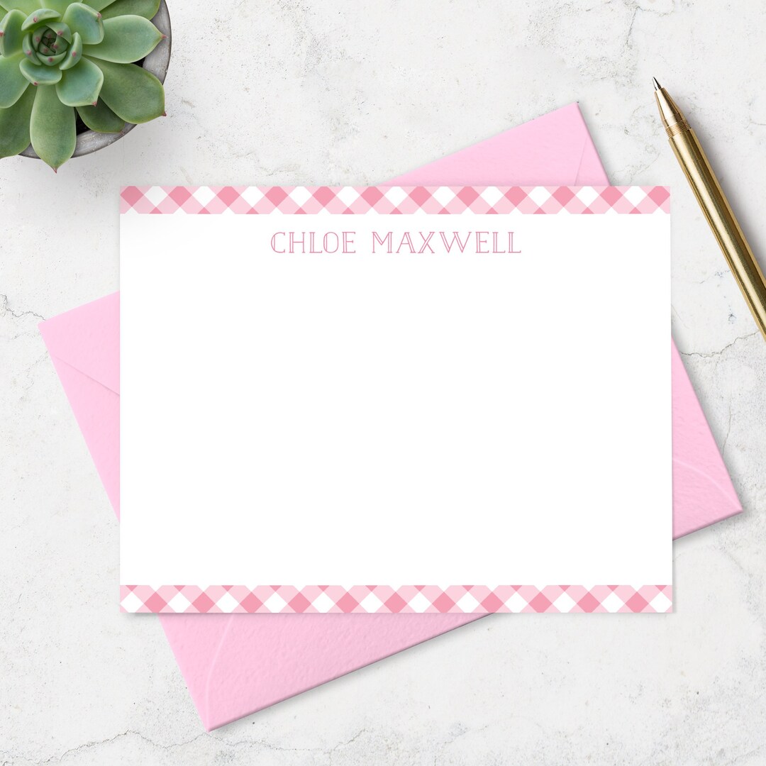 Note Cards With Pink Gingham Border Personalized Flat - Etsy