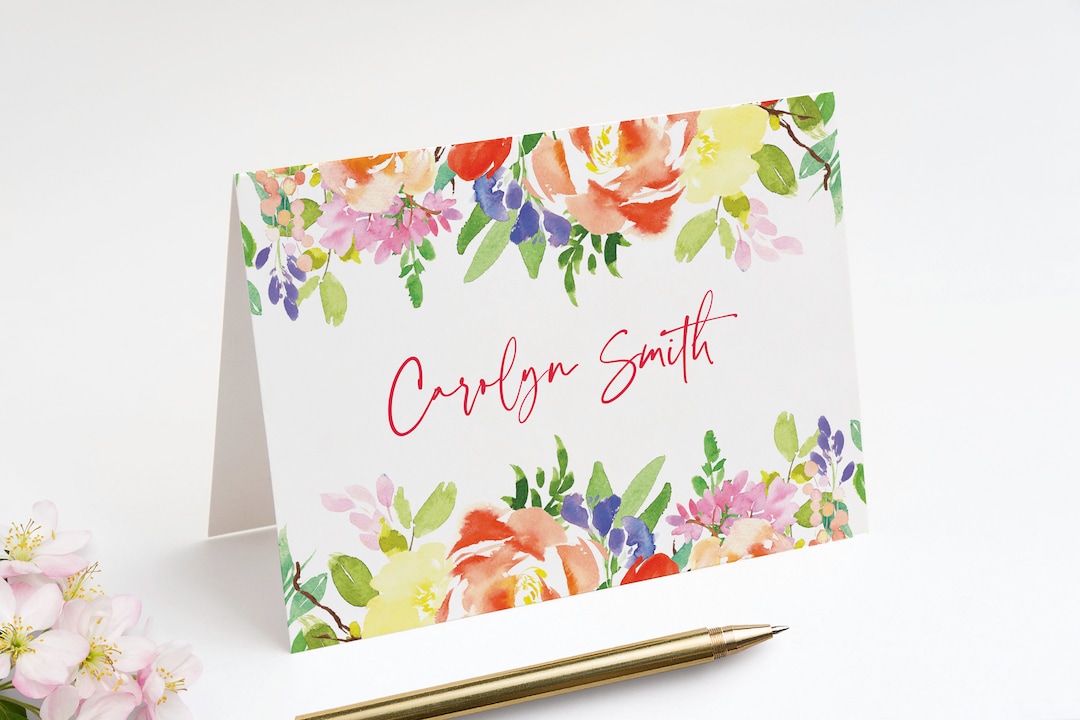 Folded Note Cards With Floral Design and Signature Script Name in ...