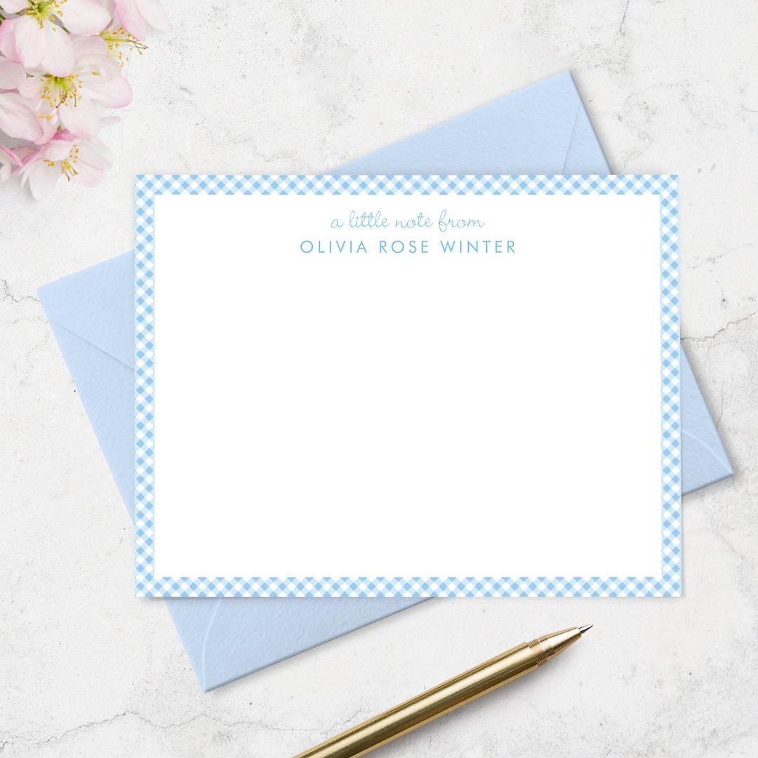 Pale Blue Note Cards for Girls With Gingham Border, Personalized Flat ...