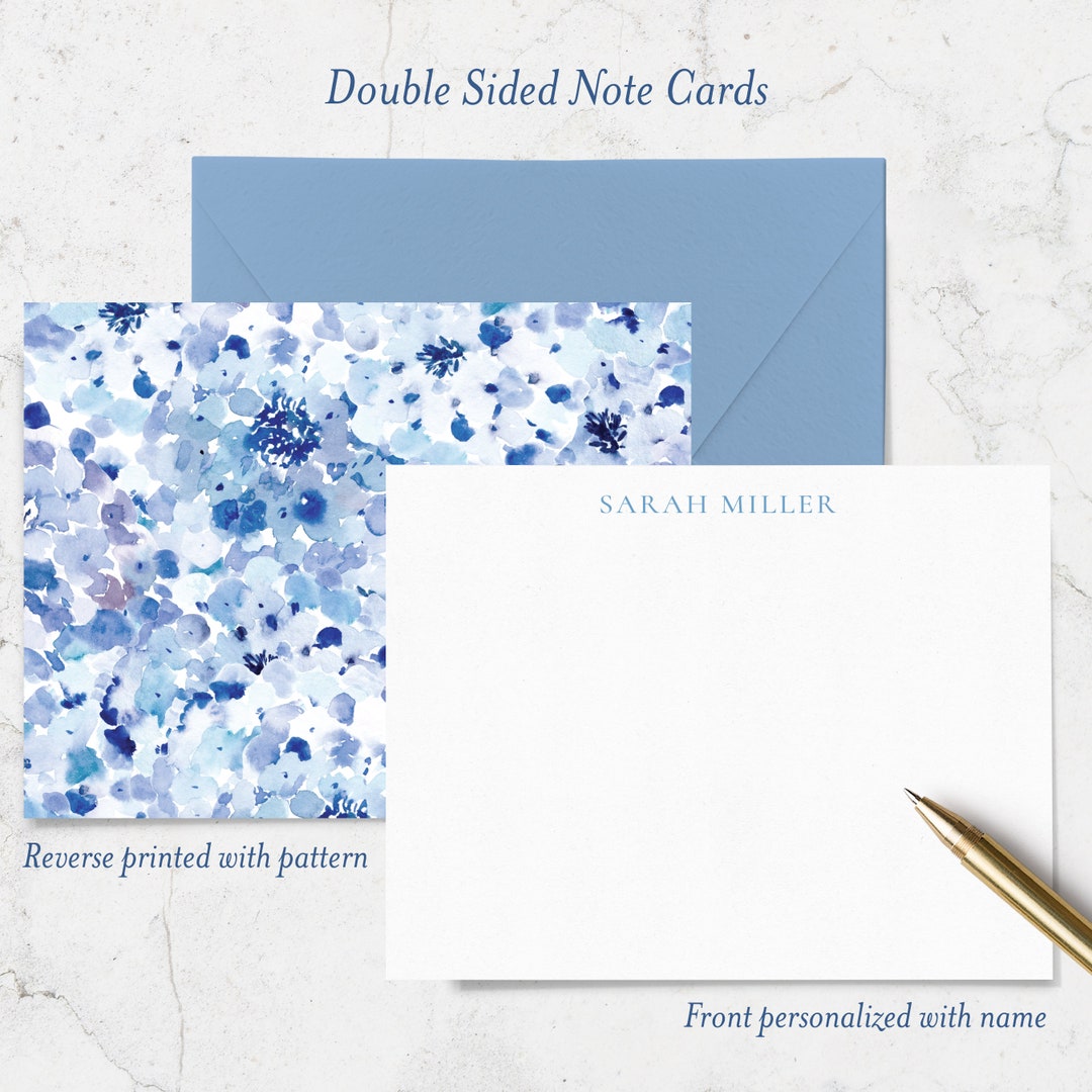 Blue Hydrangea Watercolor Double Sided Note Cards With Name on Front ...
