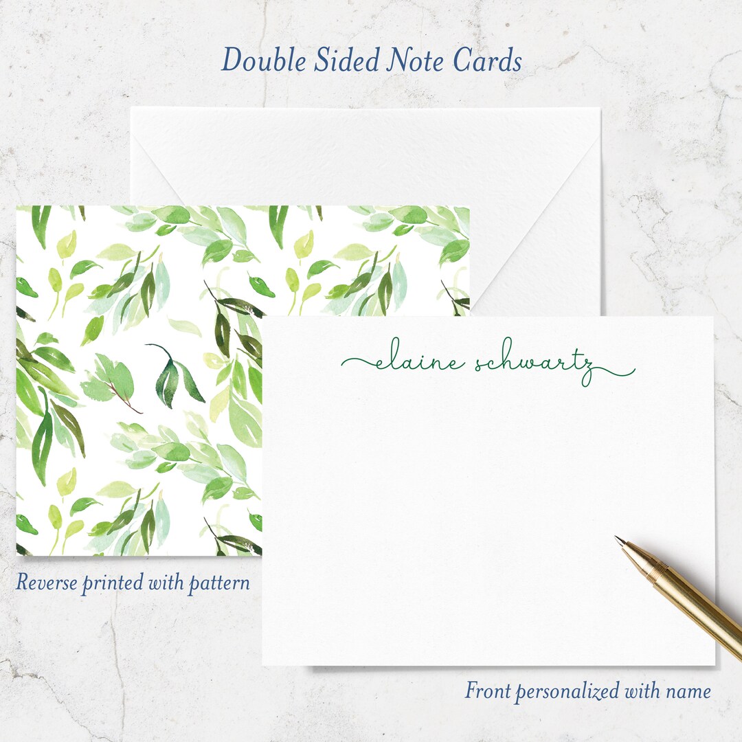 Green Floral Double Sided Note Cards With Name on Front and Watercolor ...