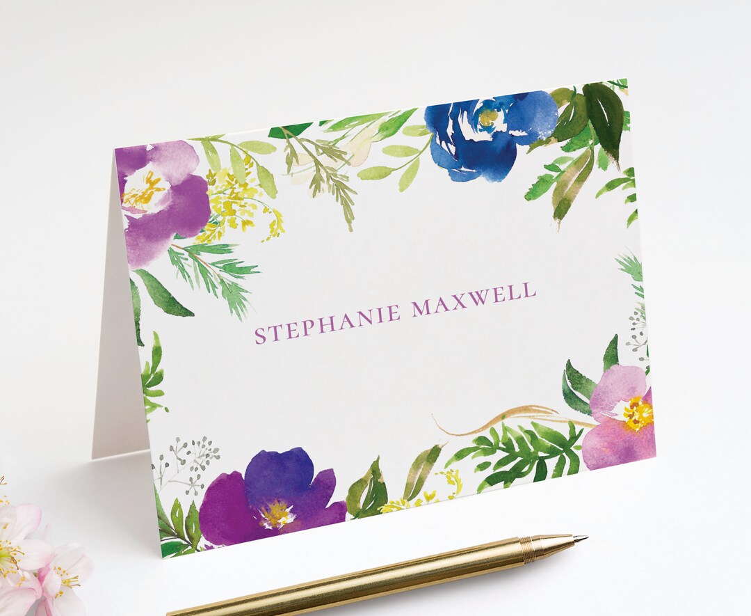 Folded Note Cards With Blue and Purple Floral Design and Name in Center ...
